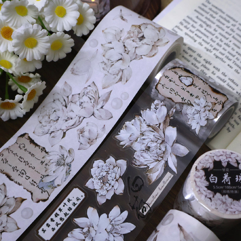 5.5cm*100cm White lotus flower Die Cutting Washi/PET/Shell Silver PET ...